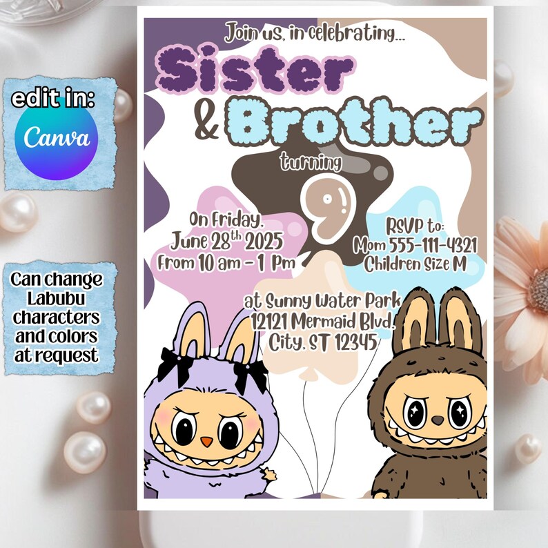 Labubu Twins Birthday Invitation: Siblings Party Template (digital) - Etsy