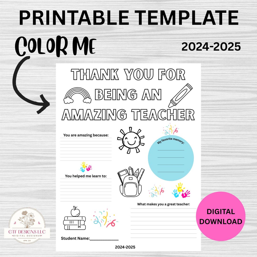 Teacher Thank You Printable Coloring Page-pdf-teacher Appreciation Gift ...