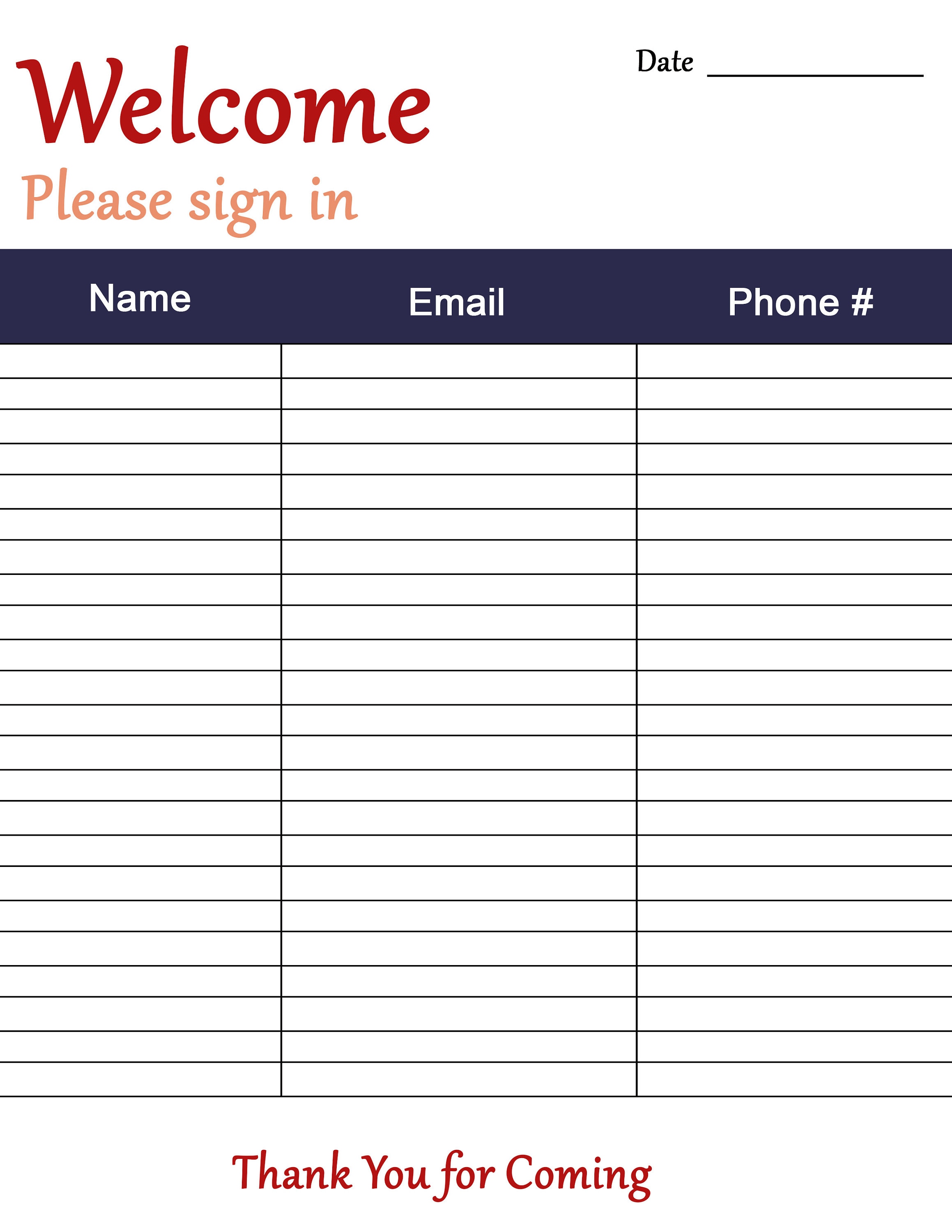 3 Colorful Printable Sign in Sheets for Events, Sign in Template, Event ...