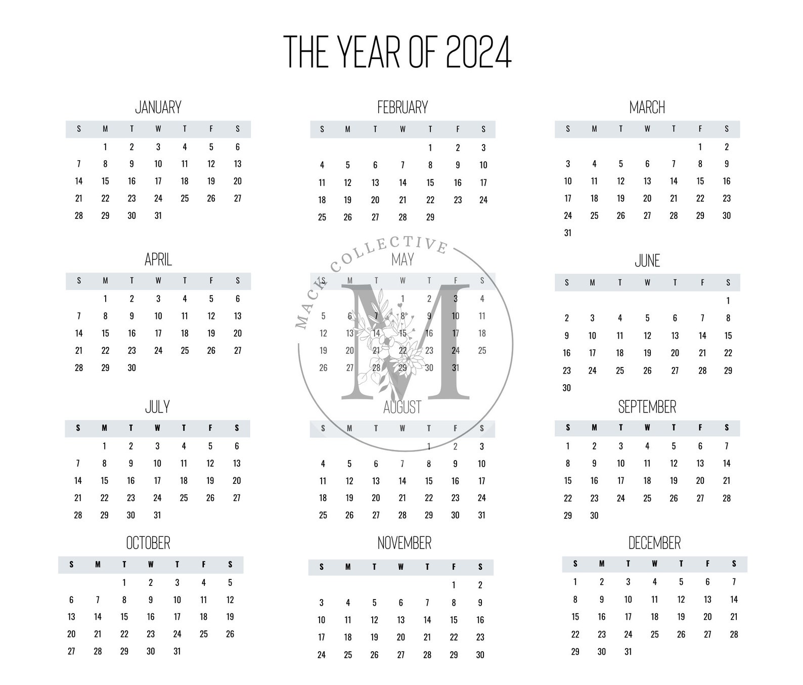 2024 Full Monthly Calendar Printable, Year at A Glance, 2024 Modern and ...