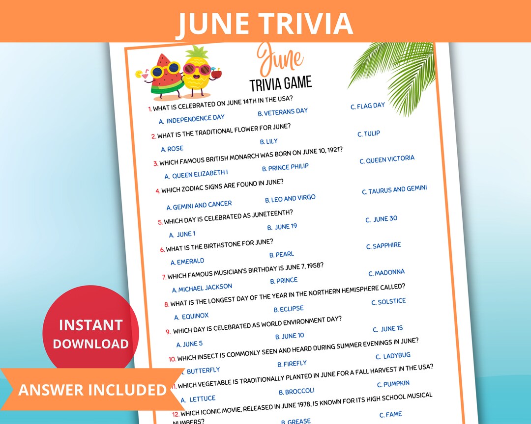 June Trivia Game,summer Trivia Quiz,summer Party Games,summer Trivia ...