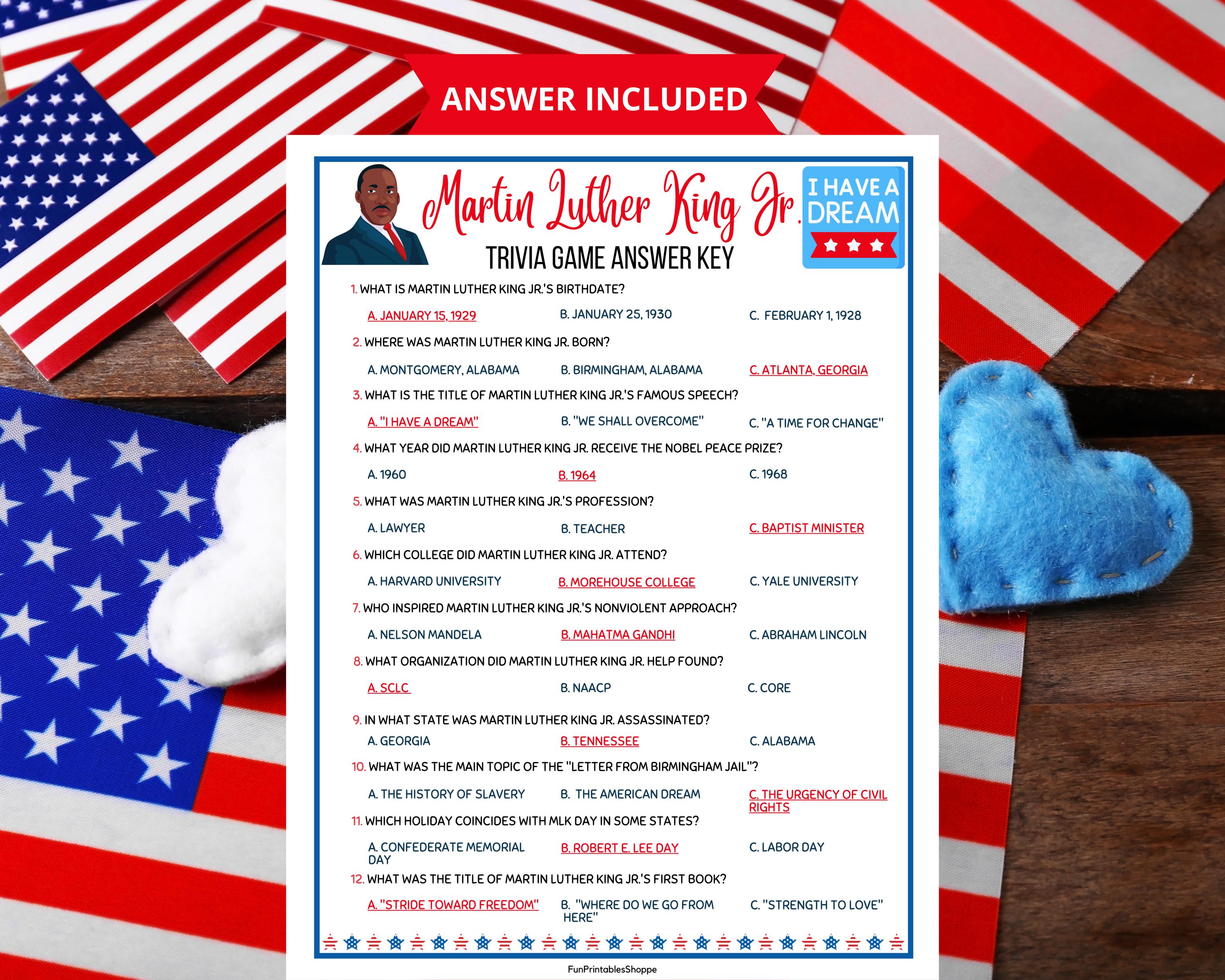 Martin Luther King Jr Trivia Game,mlk Jr Day Trivia,america History ...
