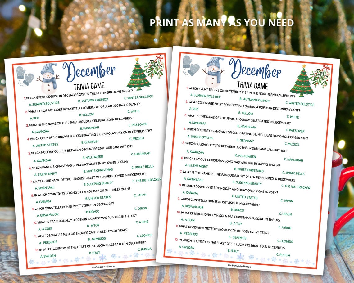 December Trivia Game,winter Holiday Game,december Quiz,winter Season ...