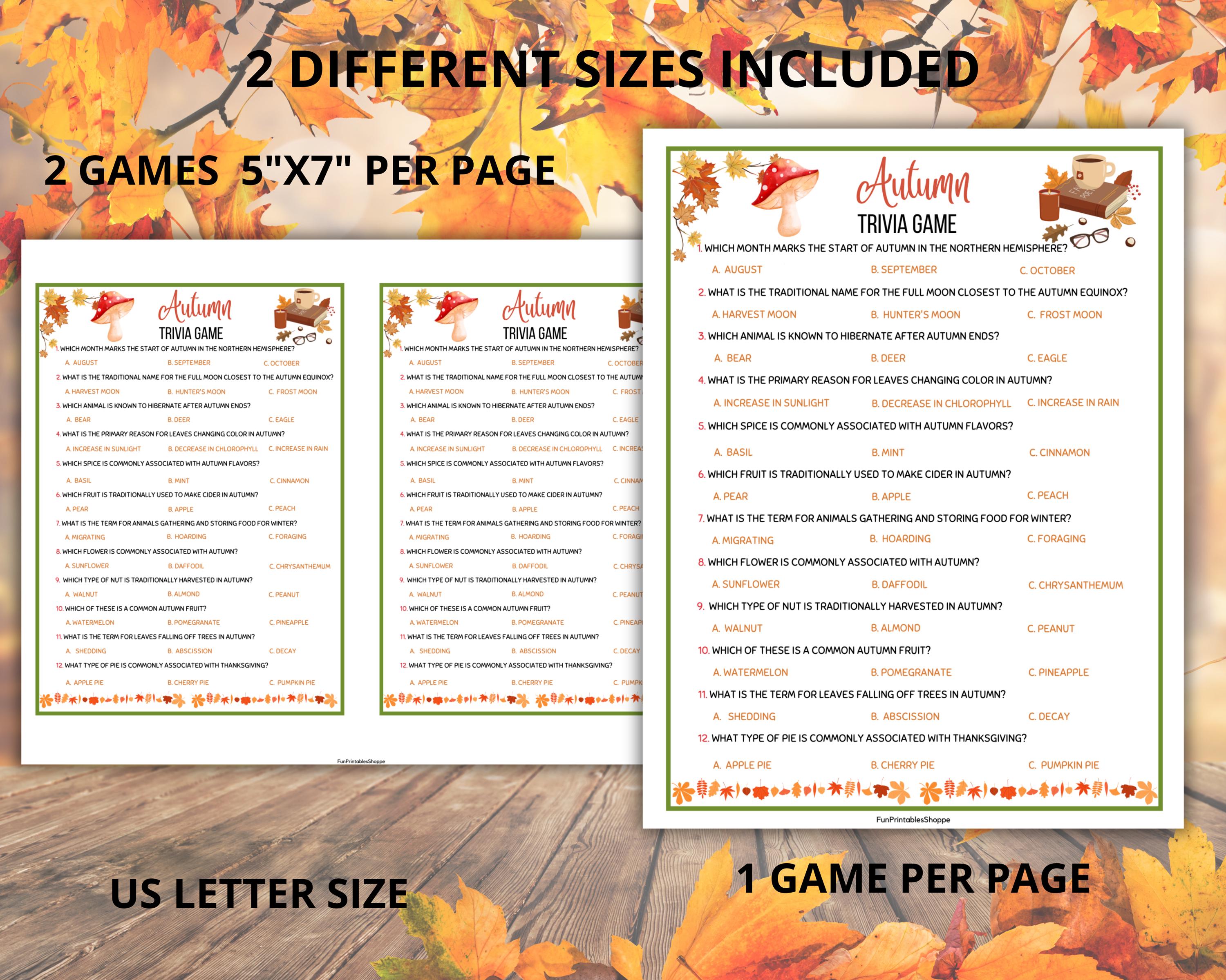 Fall Trivia Game,autumn Trivia Quiz,fall Party Game,autumn Activity ...
