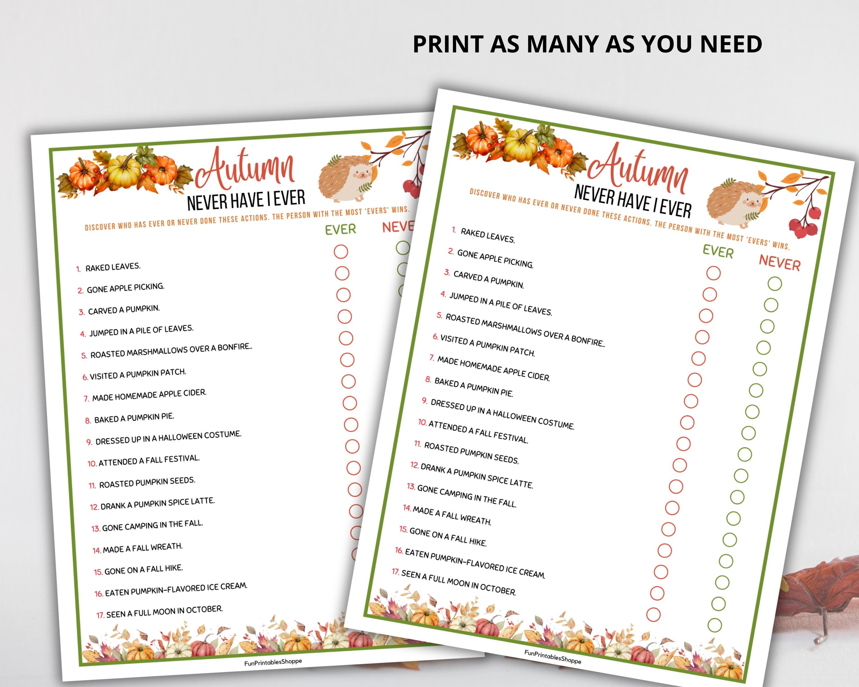 Autumn Never or Ever,fall Never Have I Ever,autumn Party Game,fall ...
