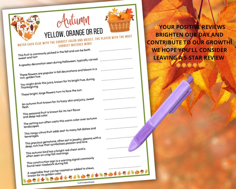 Fun Fall Activity,autumn Party Game,autumn Trivia,fall Festival Game ...