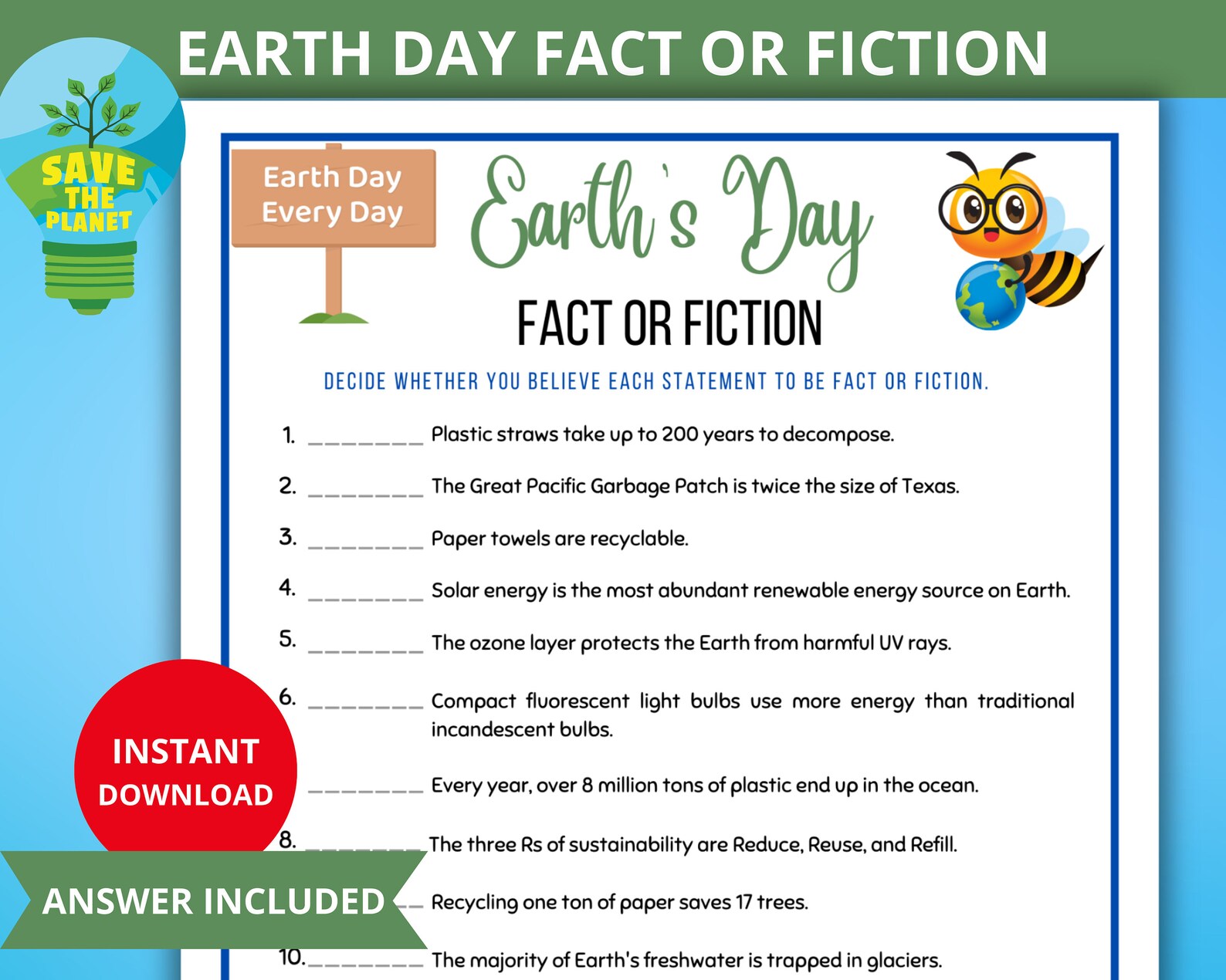 Earth Day Fact or Fiction Game,earth Trivia Quiz,earth Day True or ...