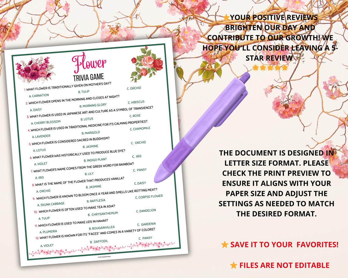 Flower Trivia,spring Trivia,flower Quiz,spring Quiz,flower Party Trivia ...