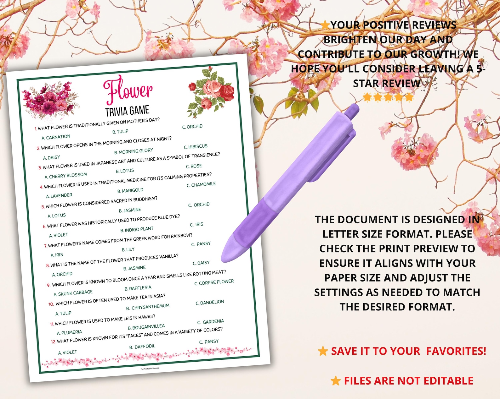Flower Trivia,spring Trivia,flower Quiz,spring Quiz,flower Party Trivia ...