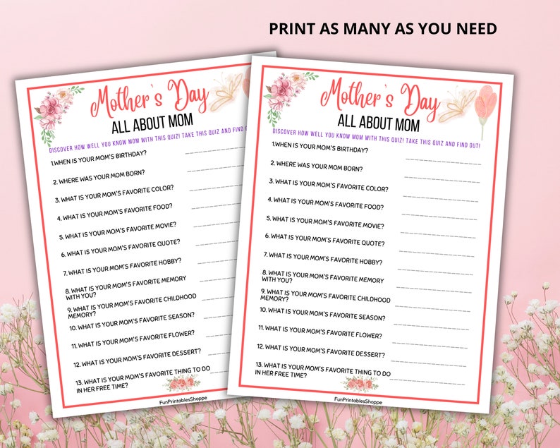 All About Mom Quiz,all About My Momma,mommy,mother's Day Printable Game ...