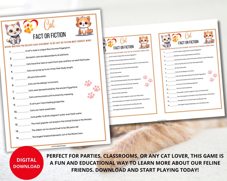Cat Trivia,cat Fact or Fiction,cat Party Game,cat Lovers,true or False ...