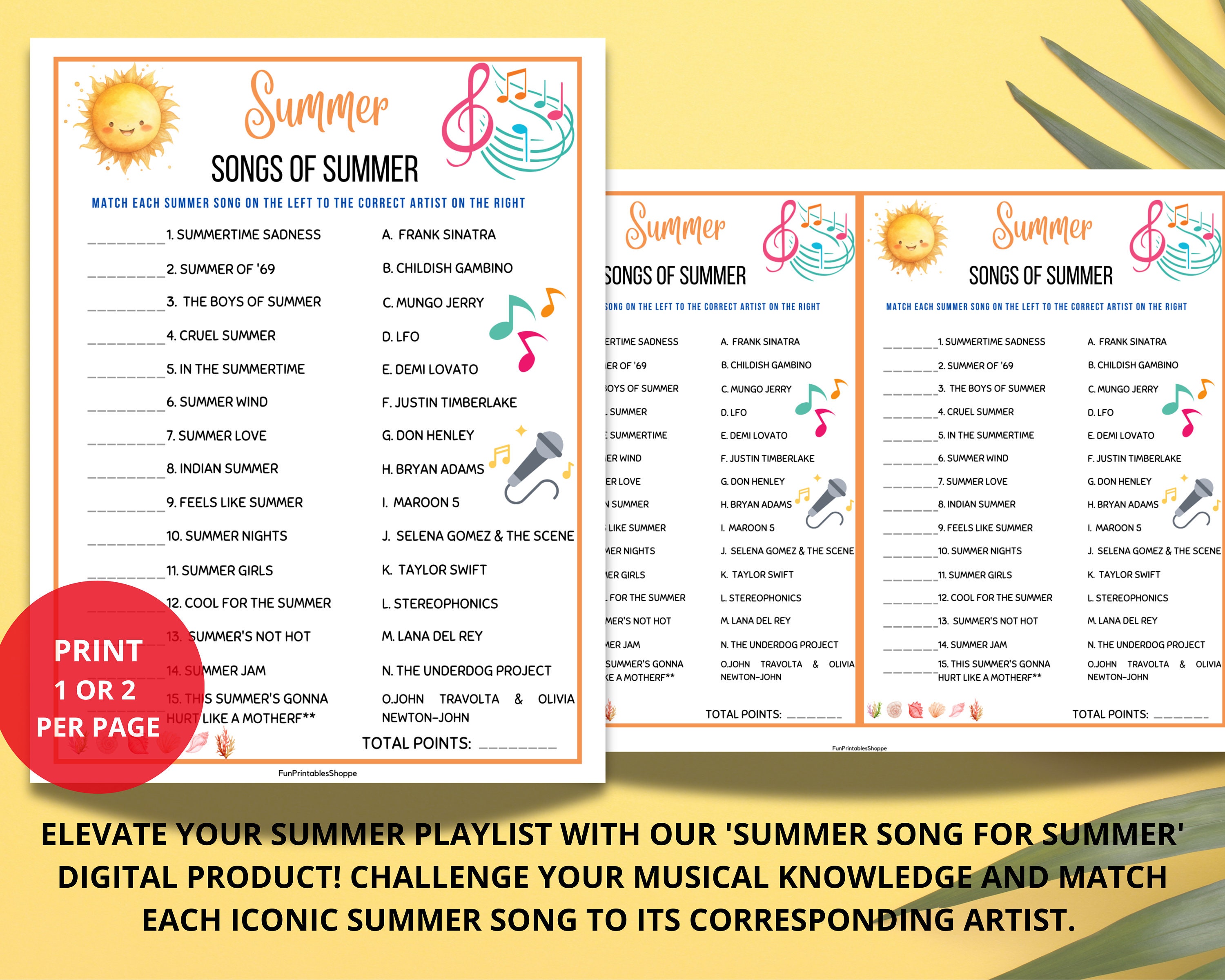 Songs of Summer Matching Game,summer Trivia,summer Songs Matchup ...