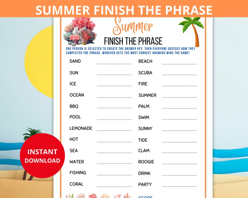Summer Finish the Phrase,summertime Games,fun Summer Party Games,beach ...
