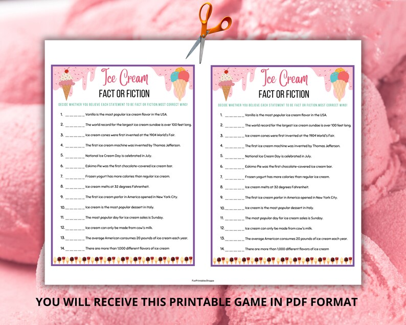 Ice Cream Fact or Fiction,ice Cream Trivia,ice Cream Social Game ...
