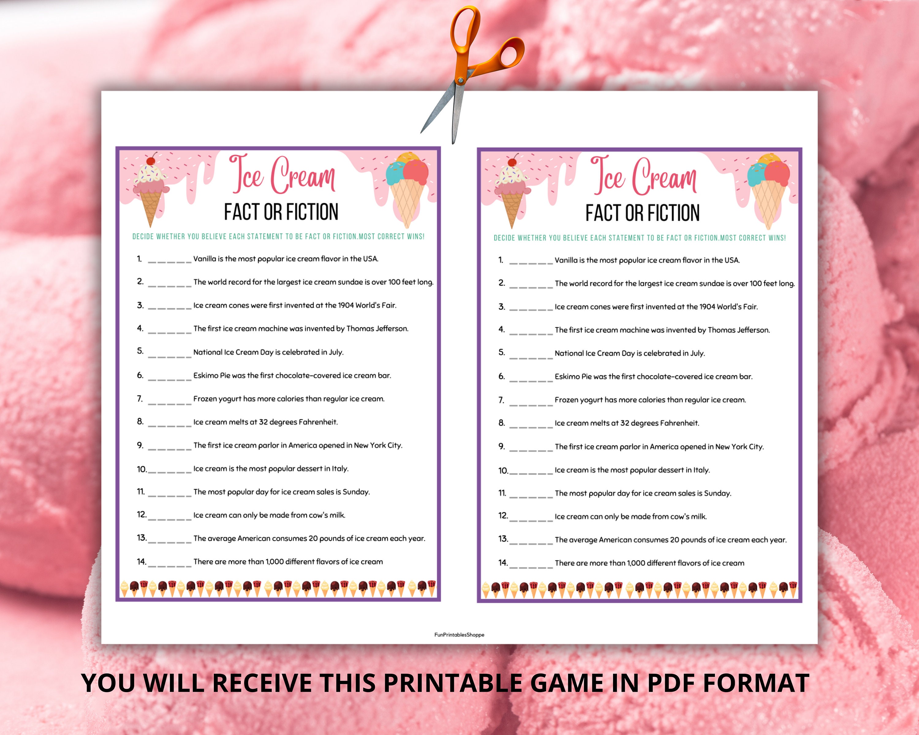 Ice Cream Fact or Fiction,ice Cream Trivia,ice Cream Social Game ...