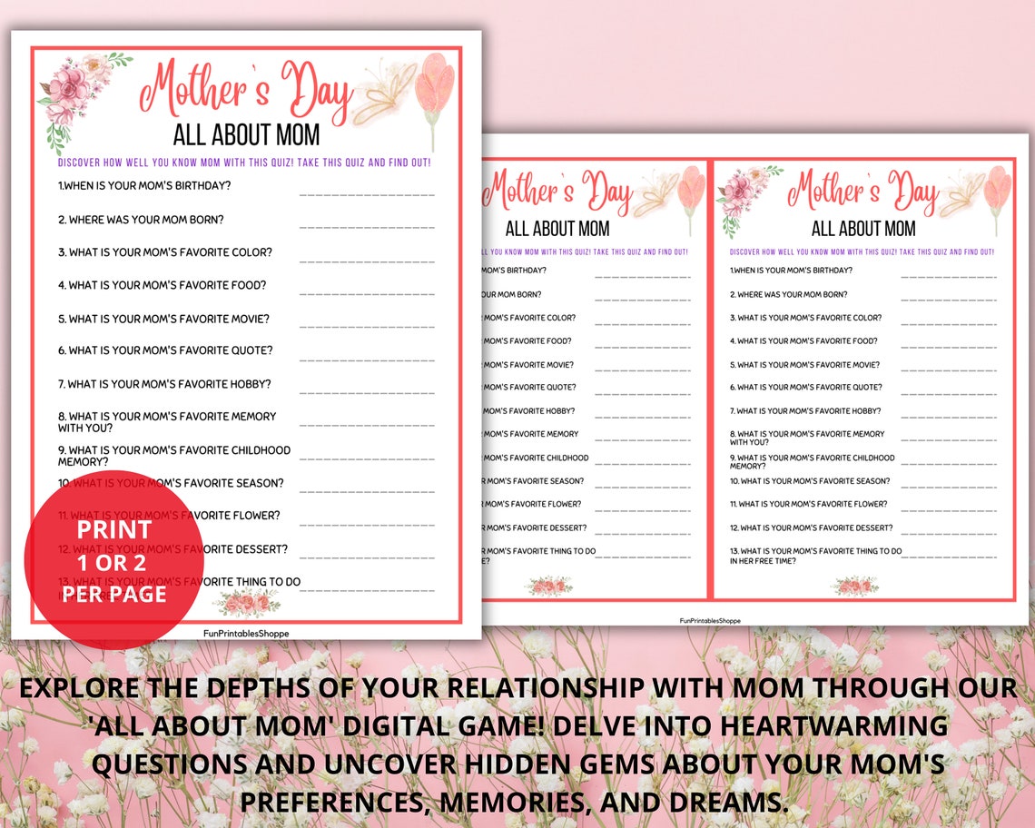 All About Mom Quiz,all About My Momma,mommy,mother's Day Printable Game ...