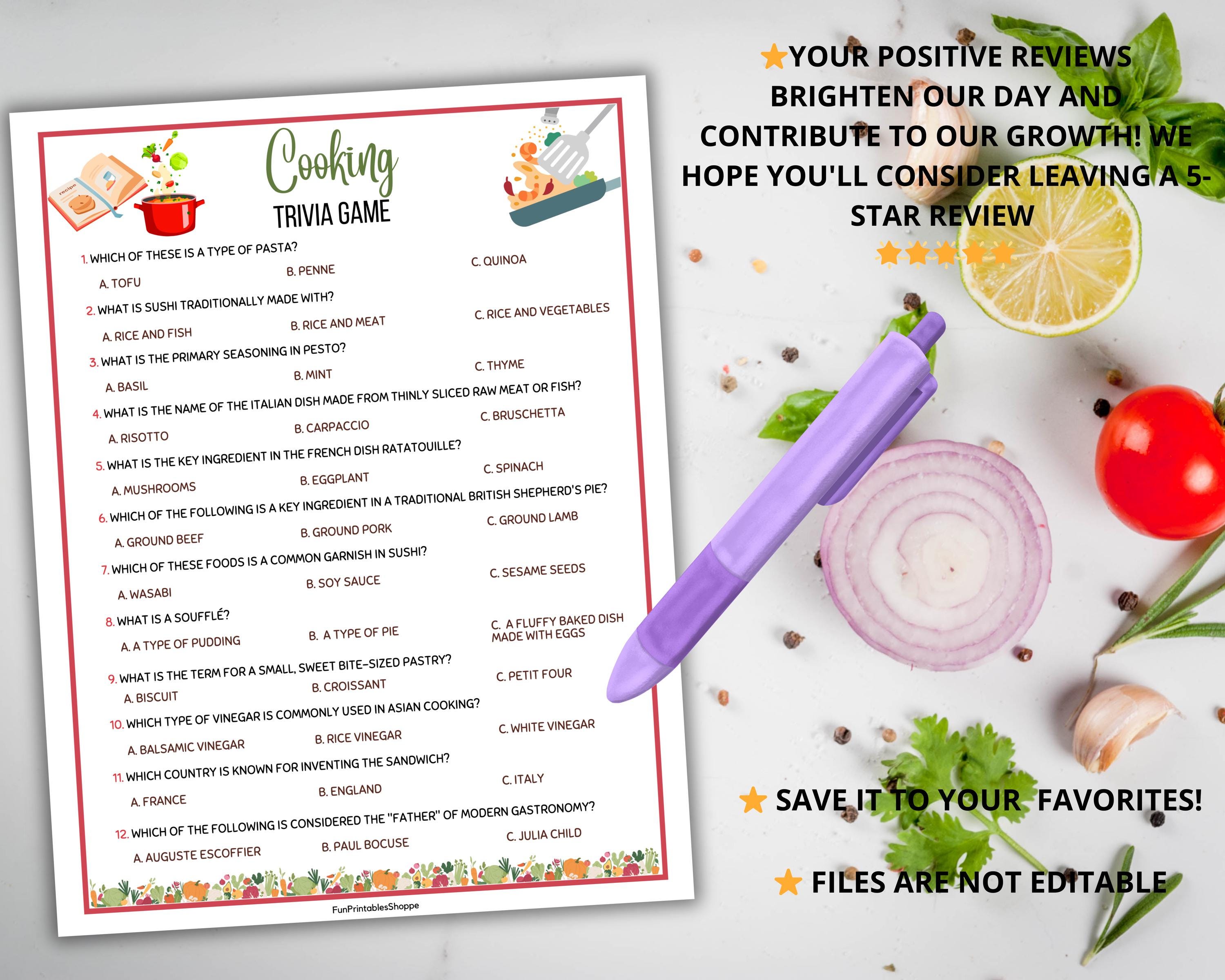 Cooking Trivia Game,food Trivia,cooking Quiz,kitchen Trivia,foodie ...