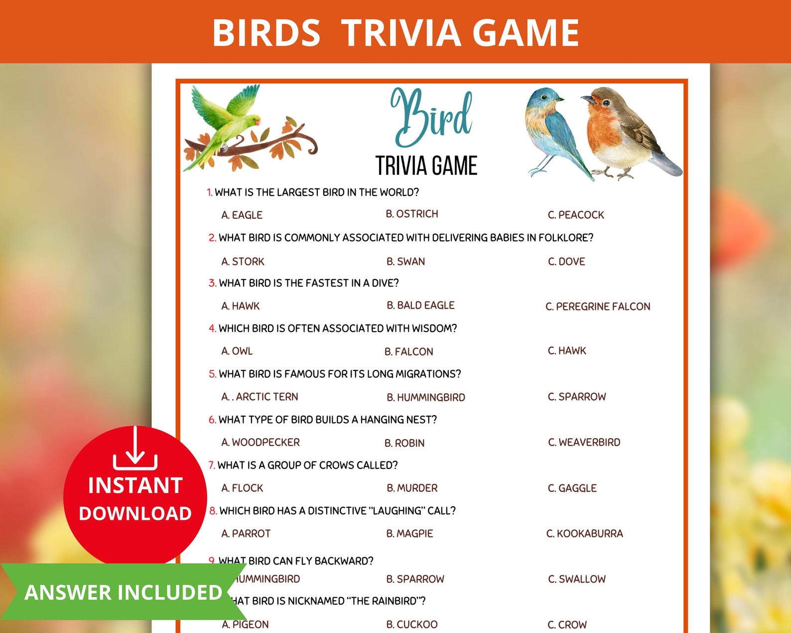 Bird Trivia Game,birds Quiz,animal Trivia,zoo Trivia,wildlife Quiz ...