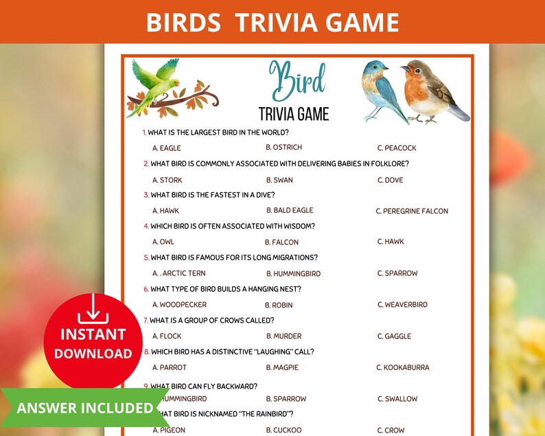 Bird Trivia Game,birds Quiz,animal Trivia,zoo Trivia,wildlife Quiz ...