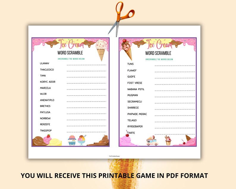 Ice Cream Word Scramble,ice Cream Party Game,word Search,ice Cream ...