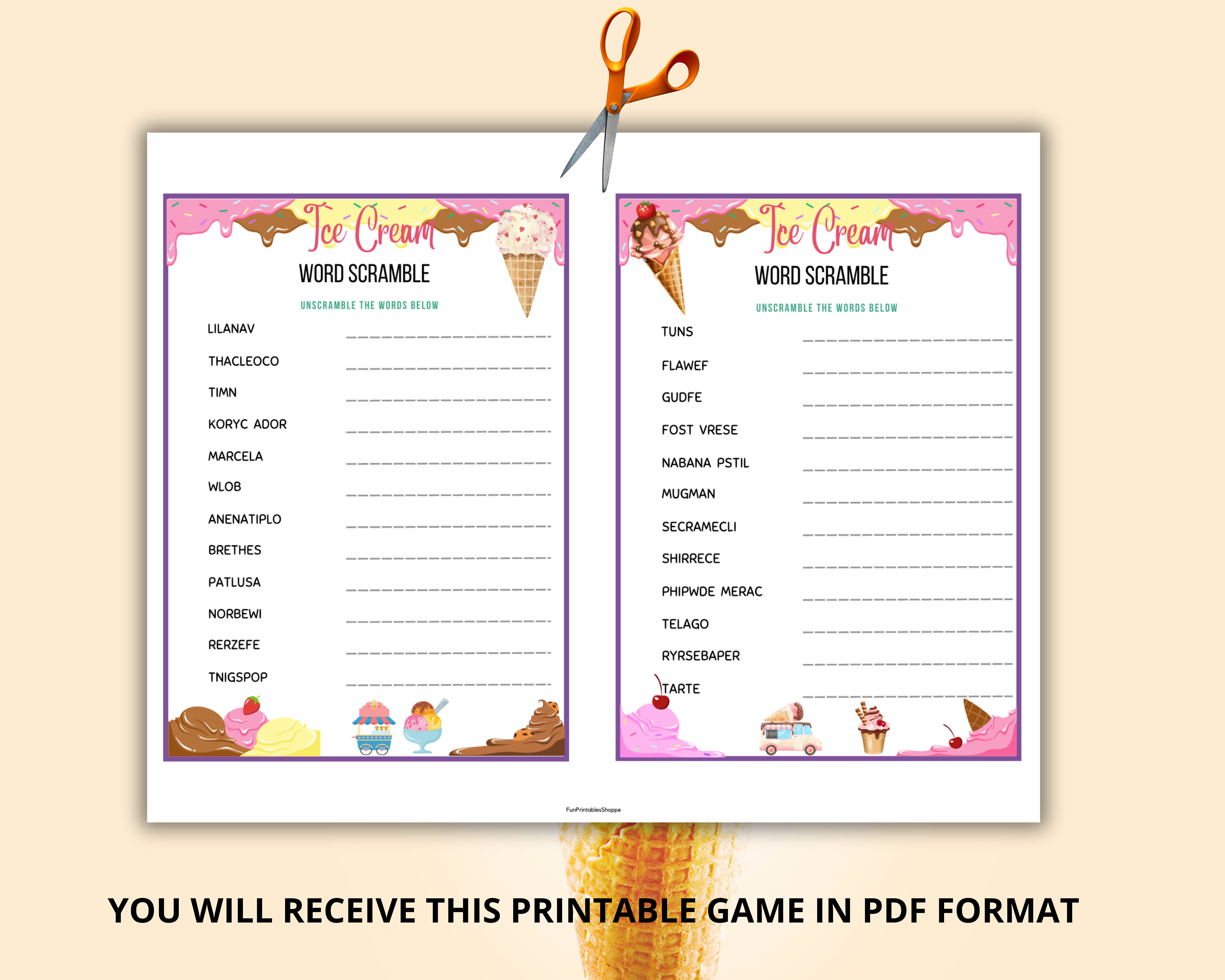 Ice Cream Word Scramble,ice Cream Party Game,word Search,ice Cream ...