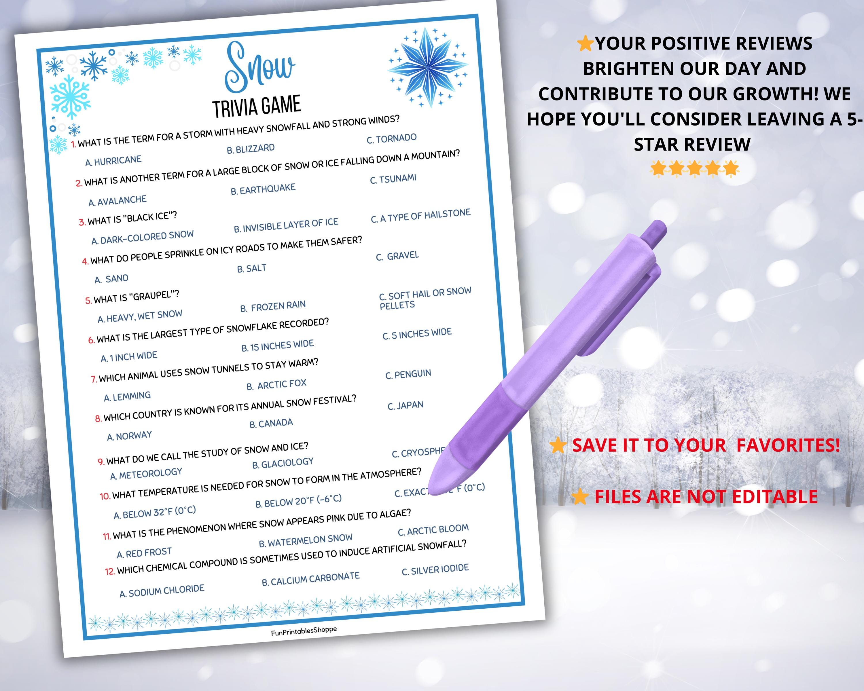 Snow Trivia,winter Trivia,snow Activity,winter Quiz,christmas Trivia ...