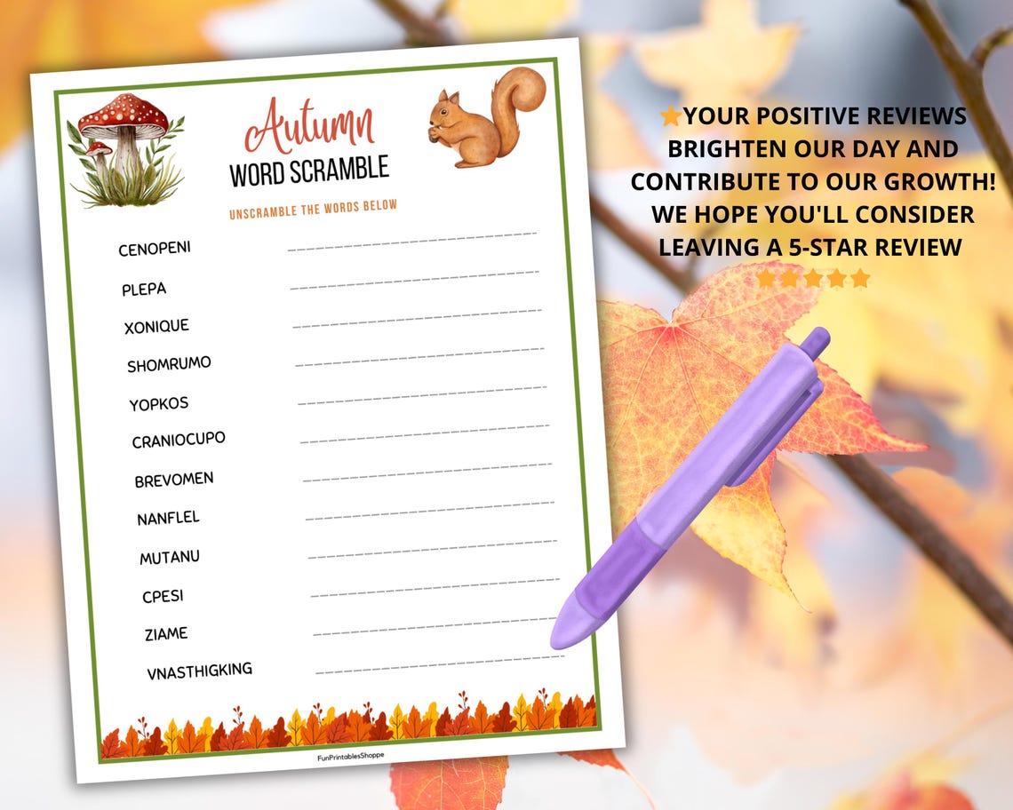 Fall Word Scramble,autumn Word Scramble,fall Activity,family Game ...