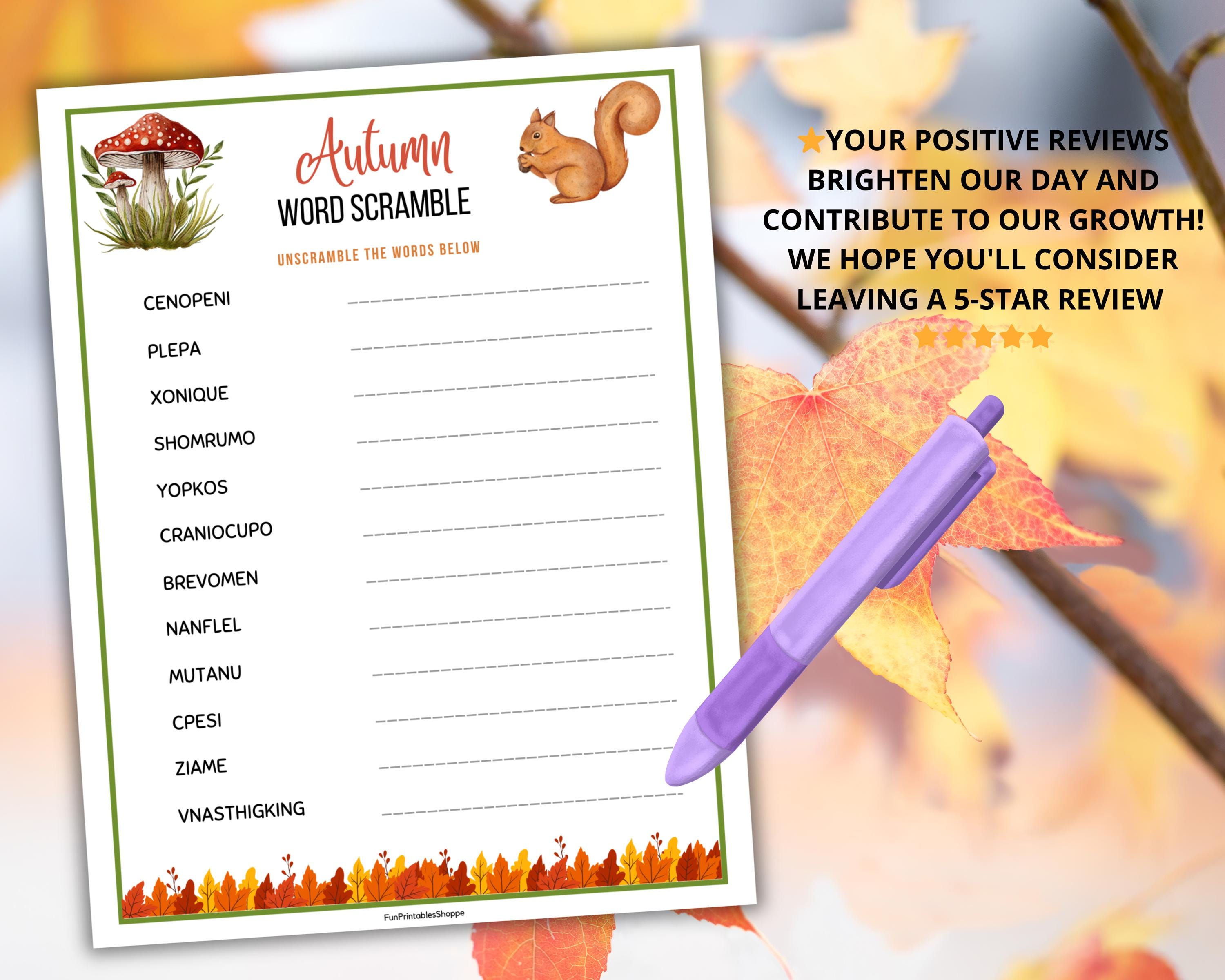 Fall Word Scramble,autumn Word Scramble,fall Activity,family Game ...