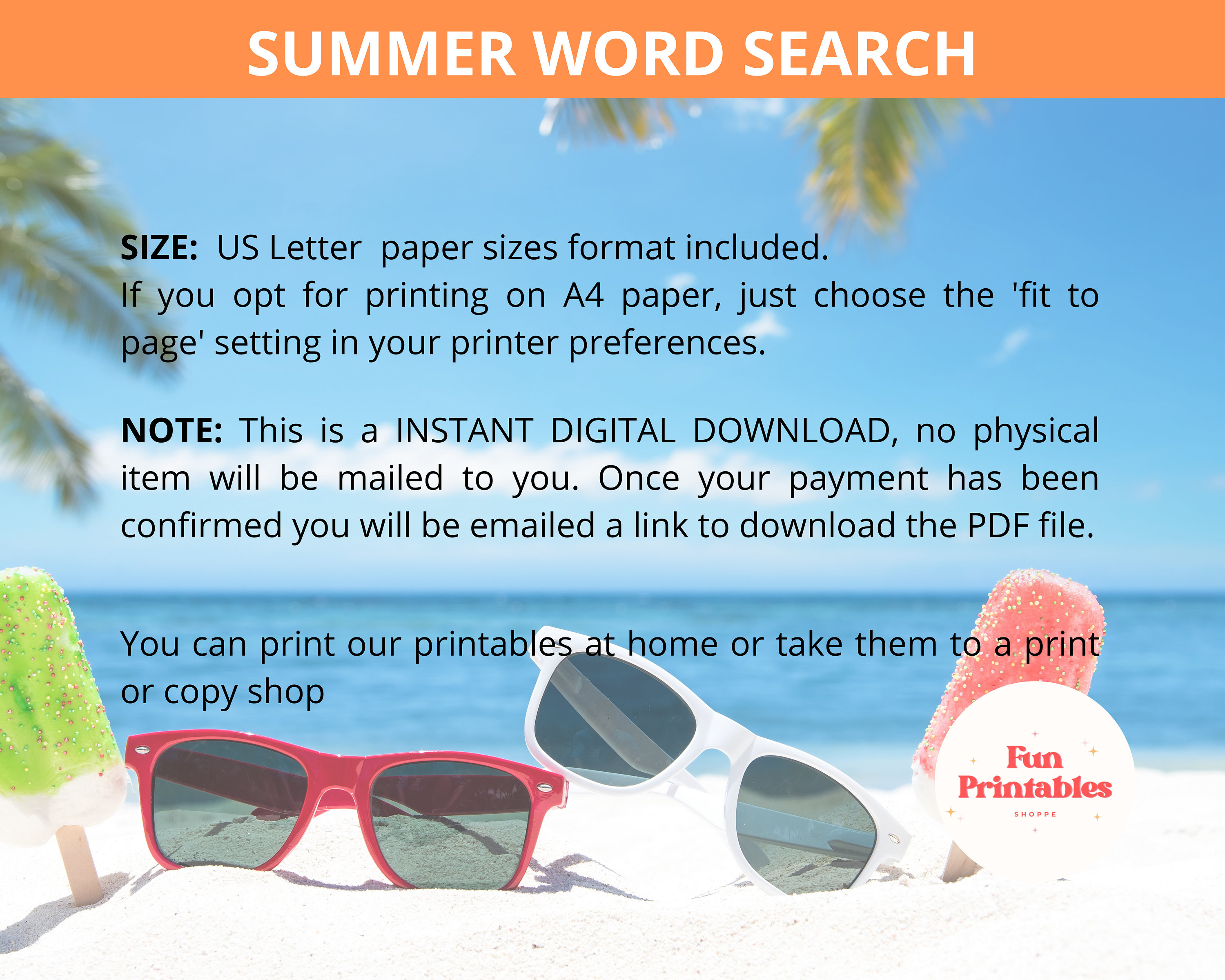 Summer Word Search,summertime Party Game,word Find Game,fun Summer ...