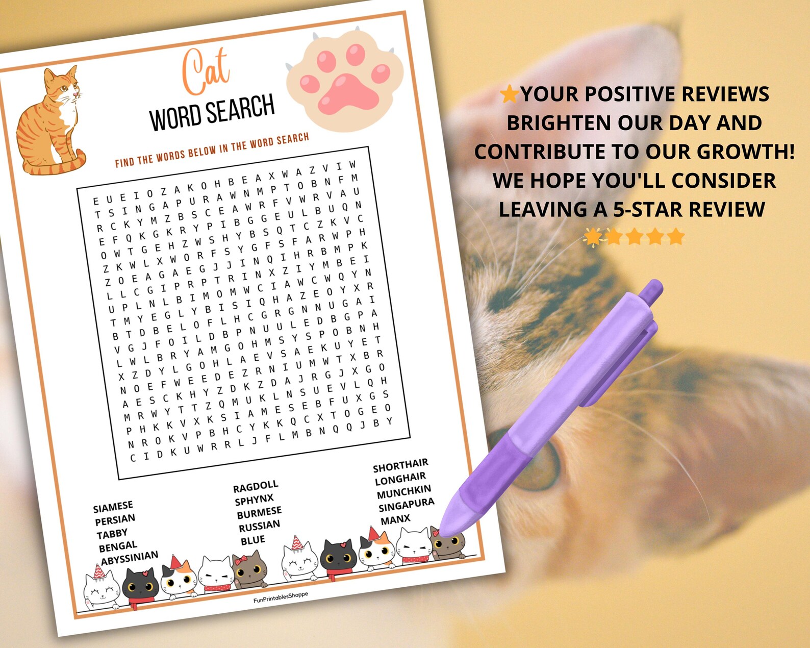 Cat Word Search,animal Word Puzzle,cat Party Game,vocabulary Game,word ...