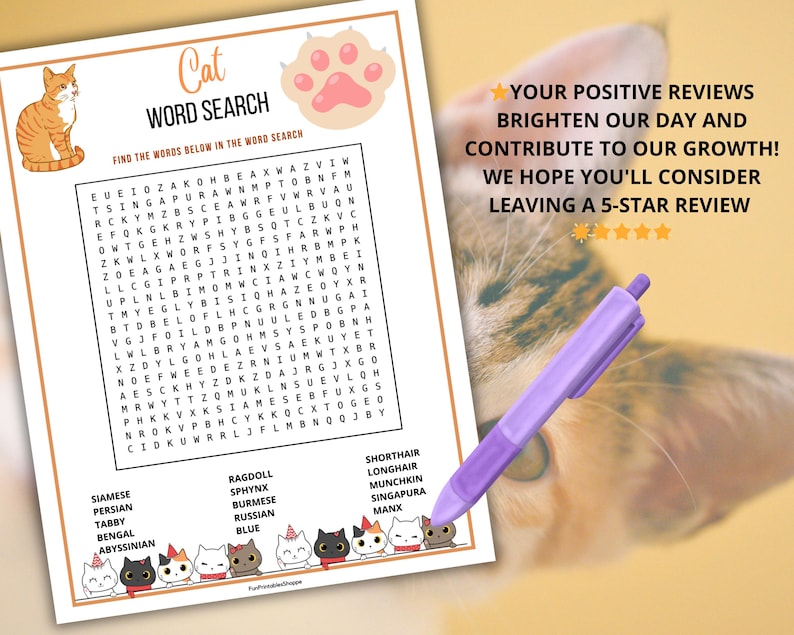 Cat Word Search,animal Word Puzzle,cat Party Game,vocabulary Game,word ...
