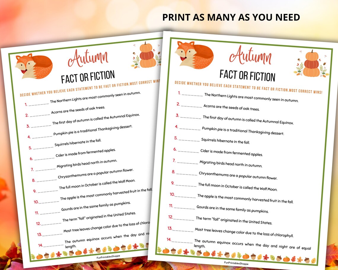 Autumn Fact or Fiction,fall Trivia,fall Trivia Question,autumn Quiz,fun ...