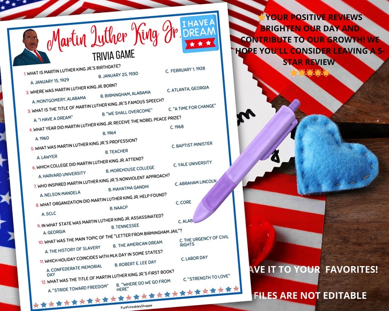 Martin Luther King Jr Trivia Game,mlk Jr Day Trivia,america History ...