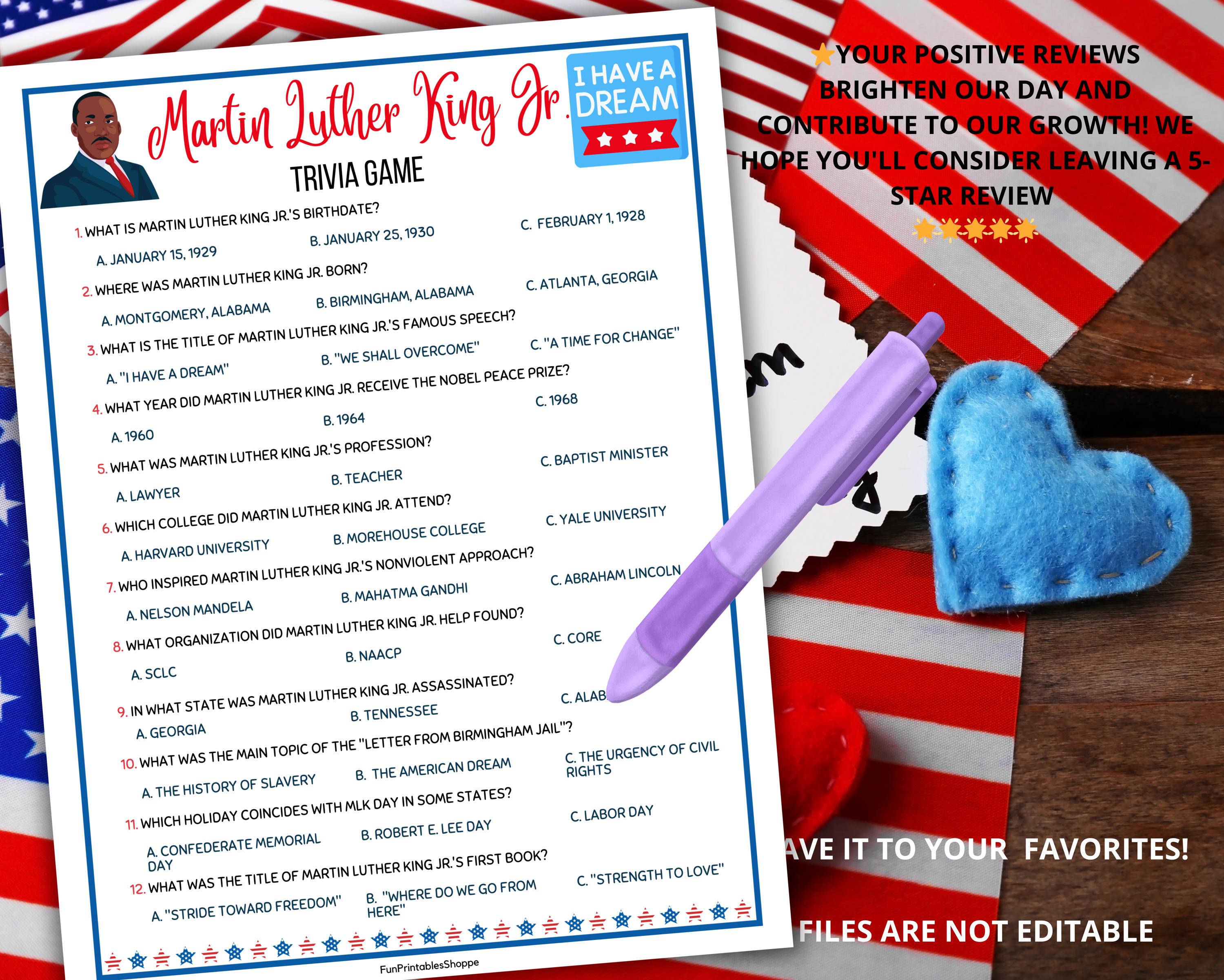 Martin Luther King Jr Trivia Game,mlk Jr Day Trivia,america History ...