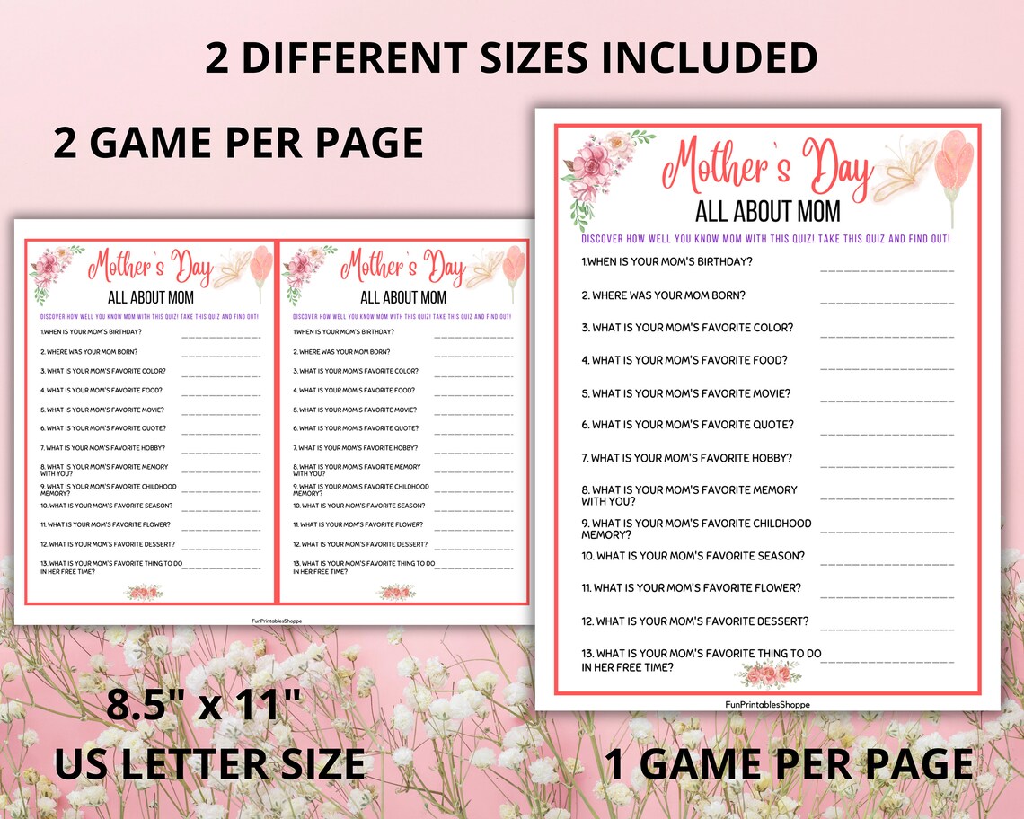 All About Mom Quiz,all About My Momma,mommy,mother's Day Printable Game ...
