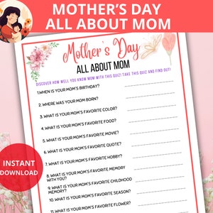 All About Mom Quiz,all About My Momma,mommy,mother's Day Printable Game ...
