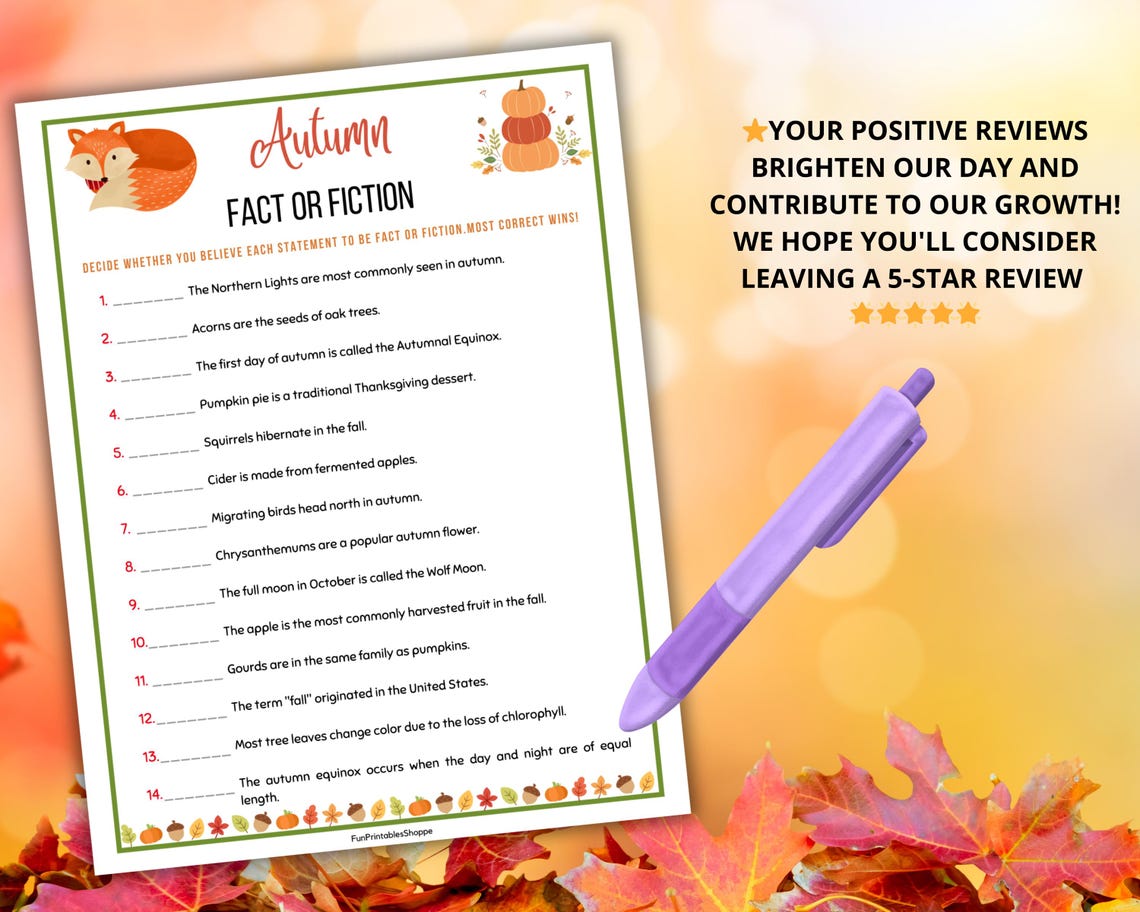 Autumn Fact or Fiction,fall Trivia,fall Trivia Question,autumn Quiz,fun ...