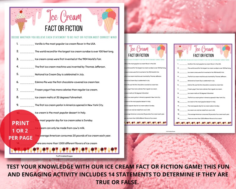 Ice Cream Fact or Fiction,ice Cream Trivia,ice Cream Social Game ...