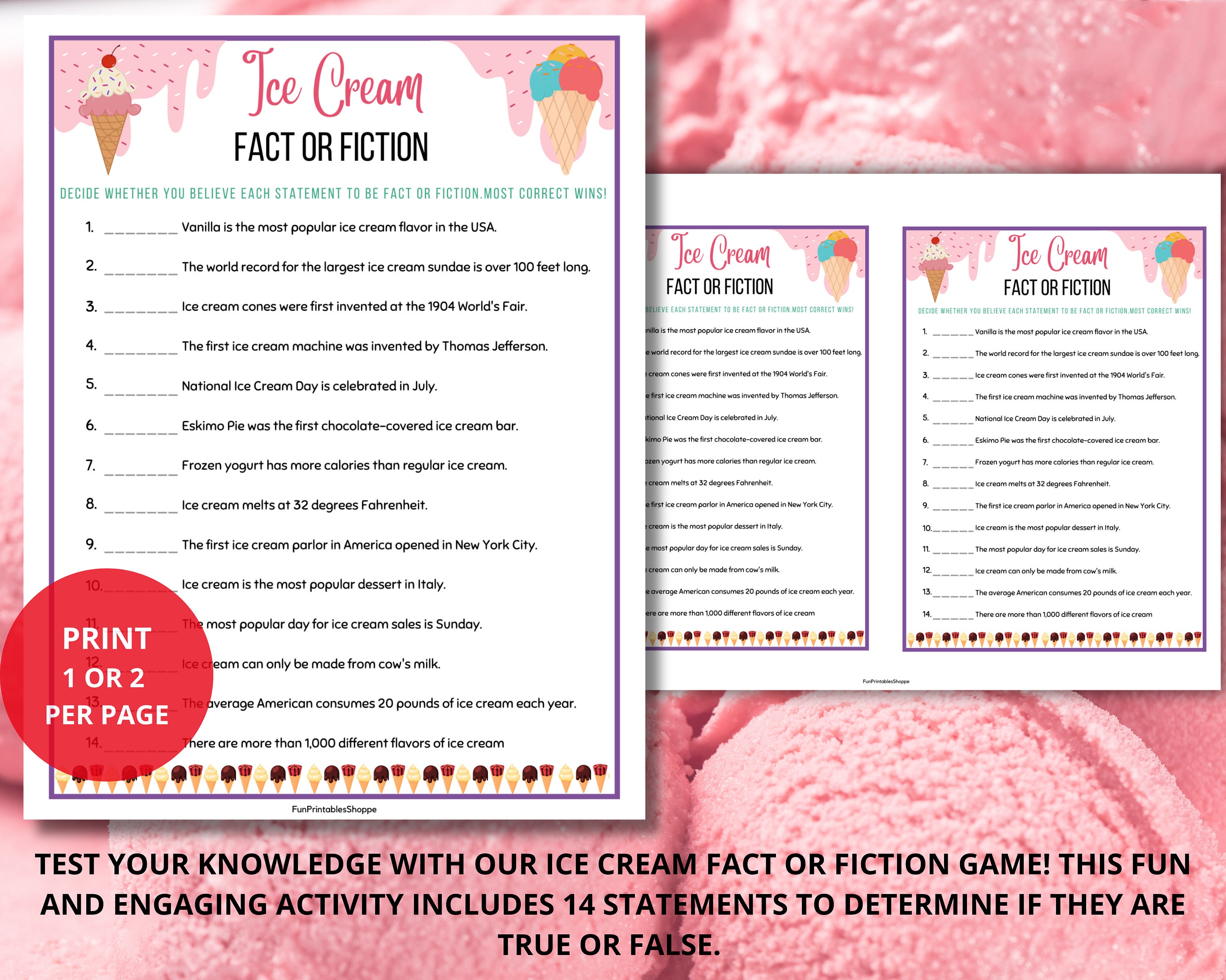 Ice Cream Fact or Fiction,ice Cream Trivia,ice Cream Social Game ...