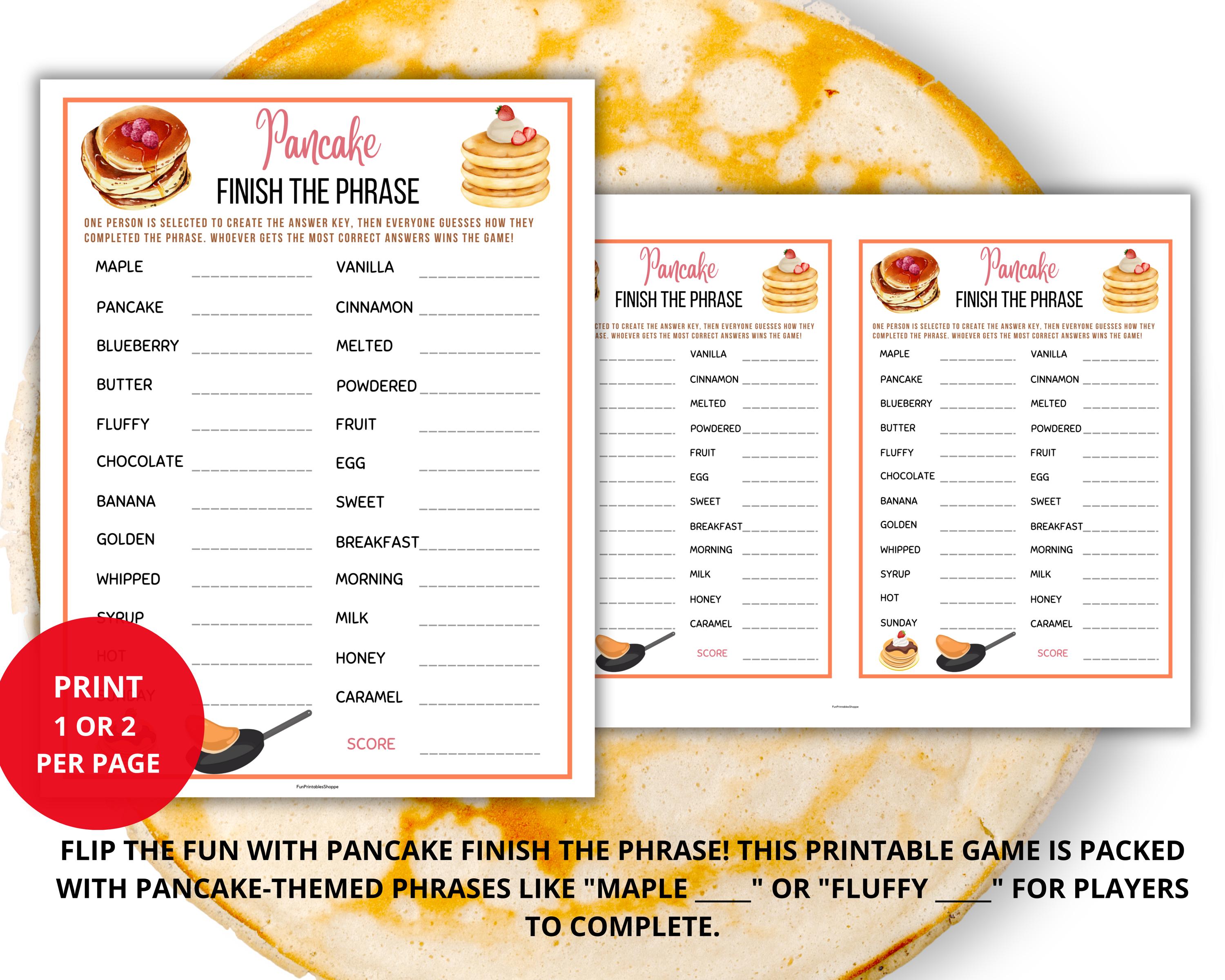 Pancake Finish the Phrase Game,pancake Trivia,pancake Party Game ...
