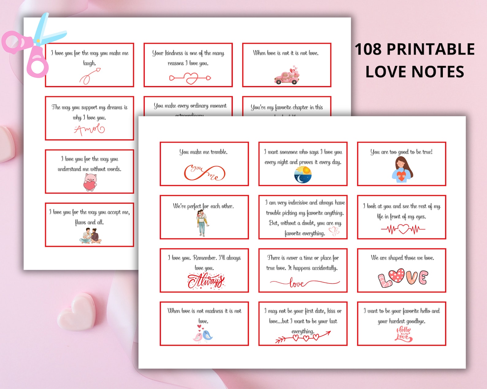 Printable Love Notes, Reasons I Love You, Love Note Box, Romantic Mini ...