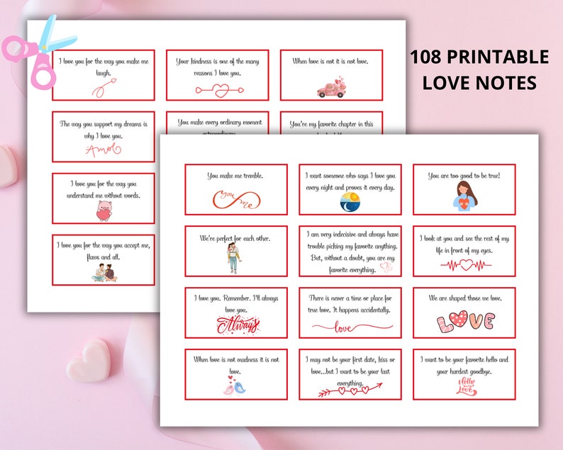 Printable Love Notes, Reasons I Love You, Love Note Box, Romantic Mini ...