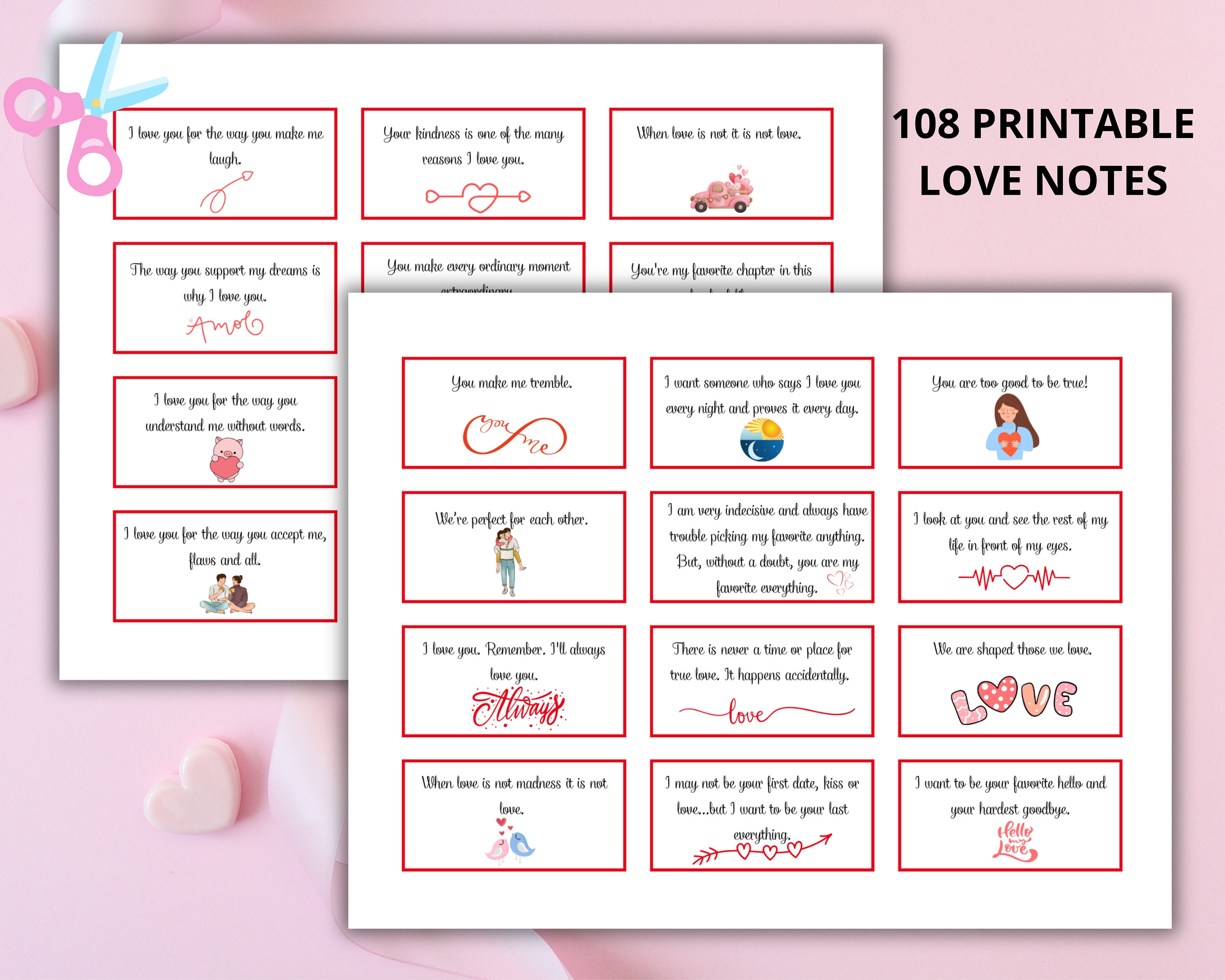 Printable Love Notes, Reasons I Love You, Love Note Box, Romantic Mini ...