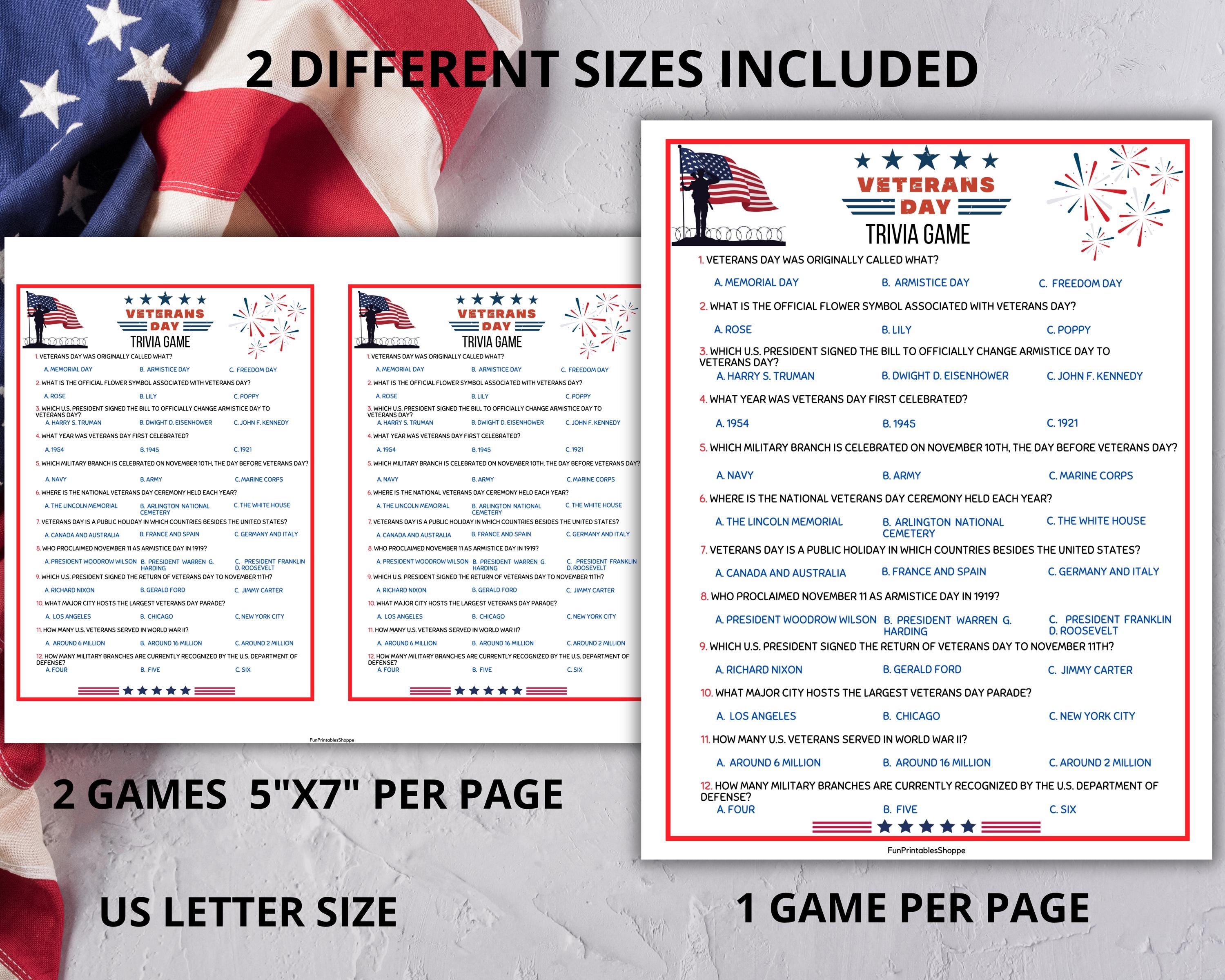 Veterans Day Trivia Game,veterans Day Quiz,patriotic Games,veterans Day ...