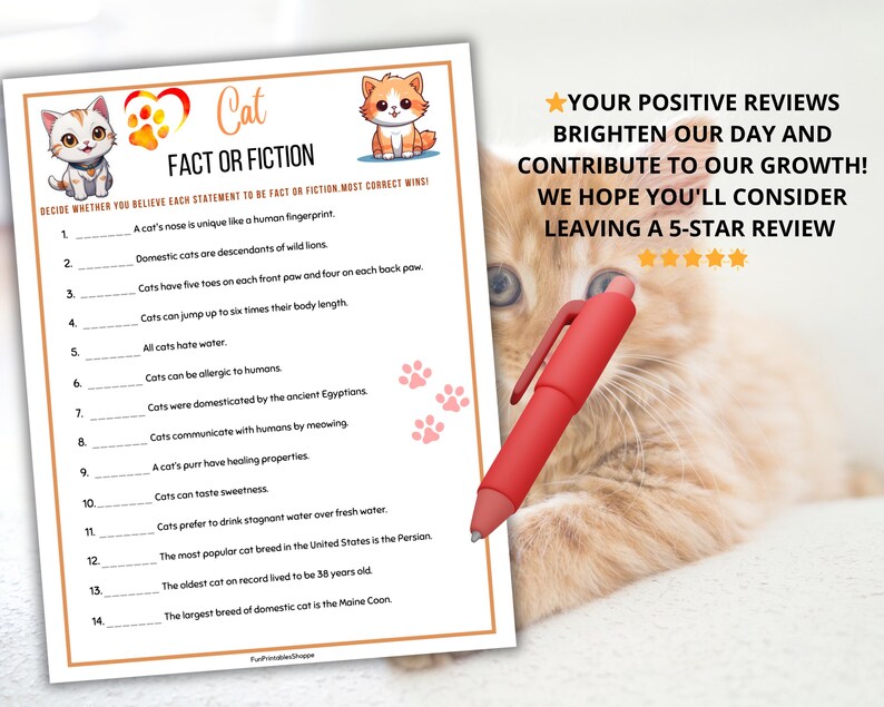 Cat Trivia,cat Fact or Fiction,cat Party Game,cat Lovers,true or False ...