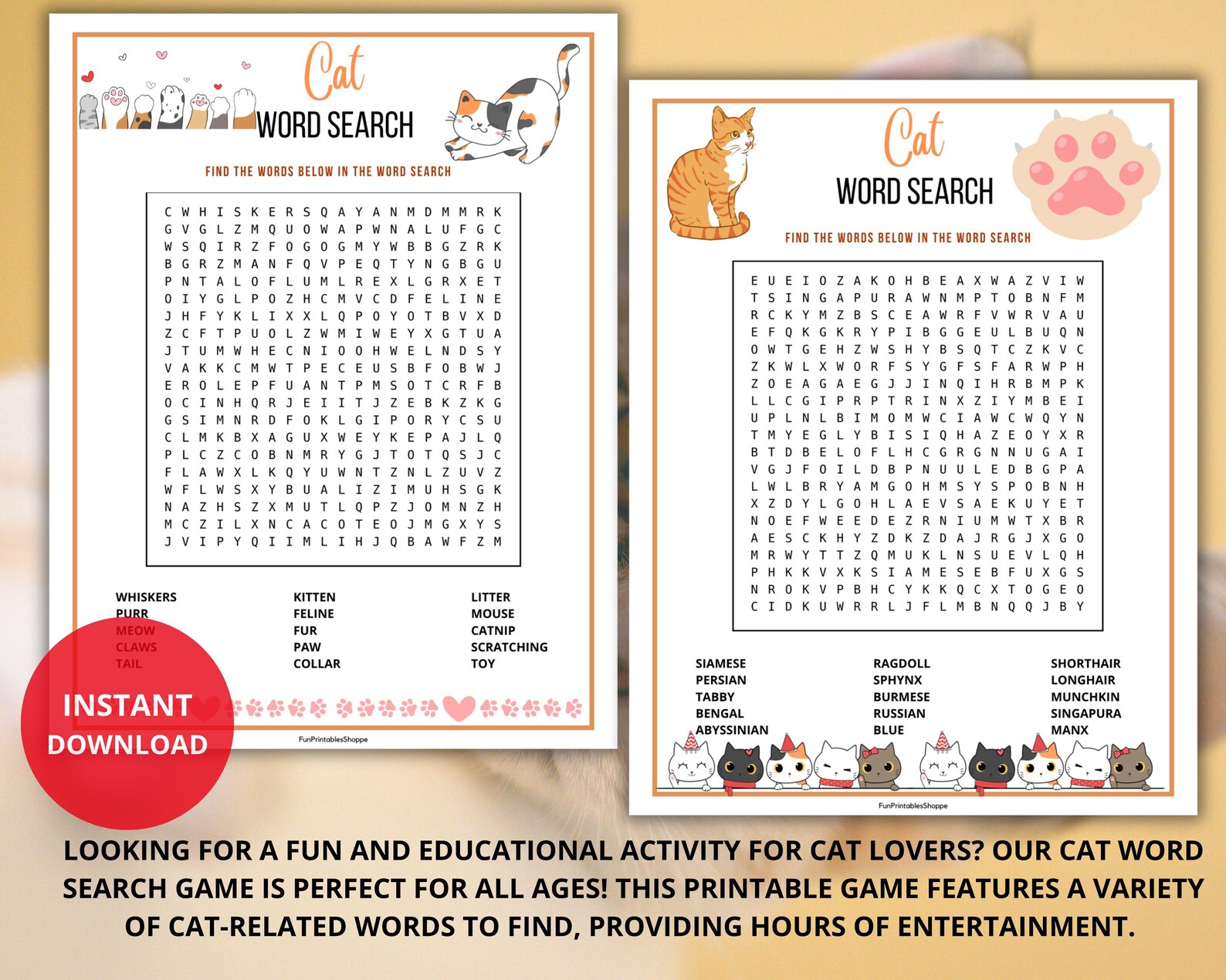 Cat Word Search,animal Word Puzzle,cat Party Game,vocabulary Game,word ...