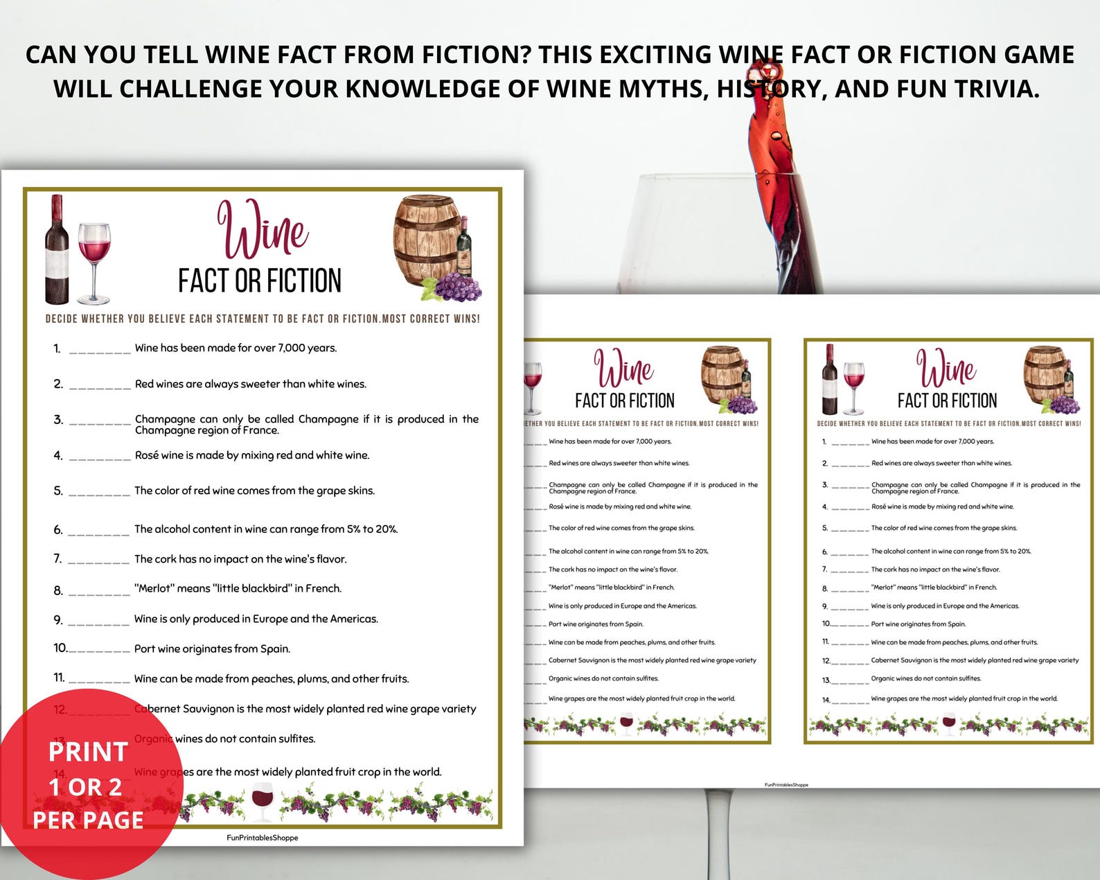 Wine Fact or Fiction Game,wine True or False,wine Party Trivia Game ...