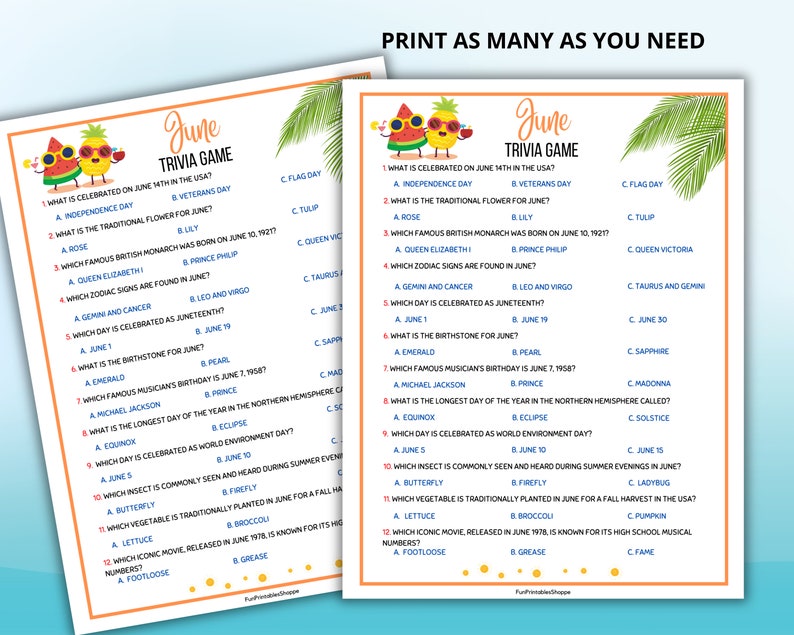 June Trivia Game,summer Trivia Quiz,summer Party Games,summer Trivia ...