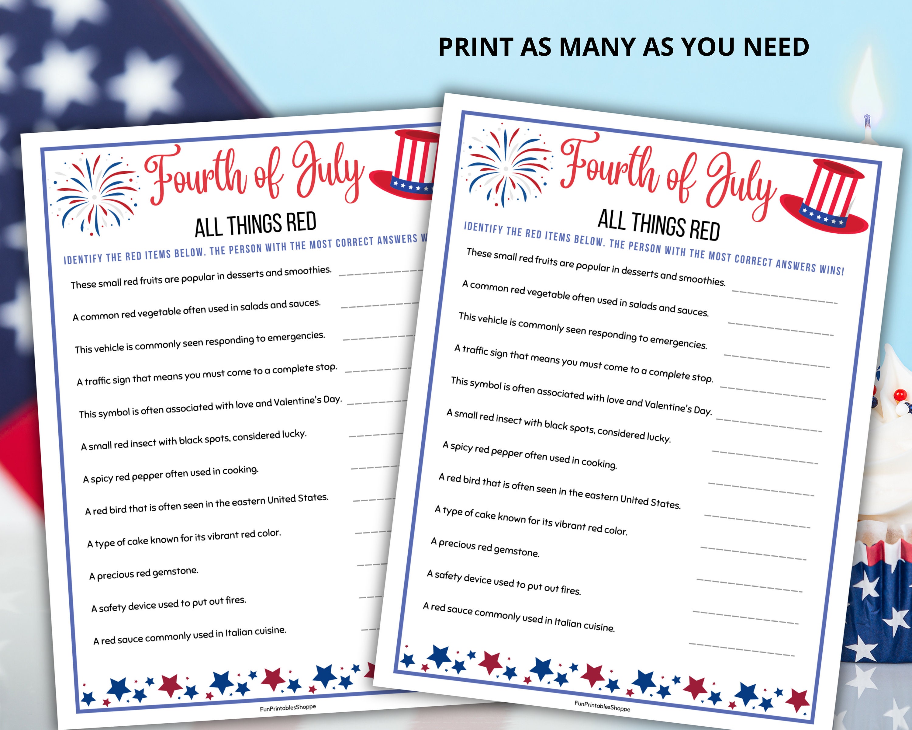 4th of July All Things Red,4th of July Games,color Red Trivia Game ...