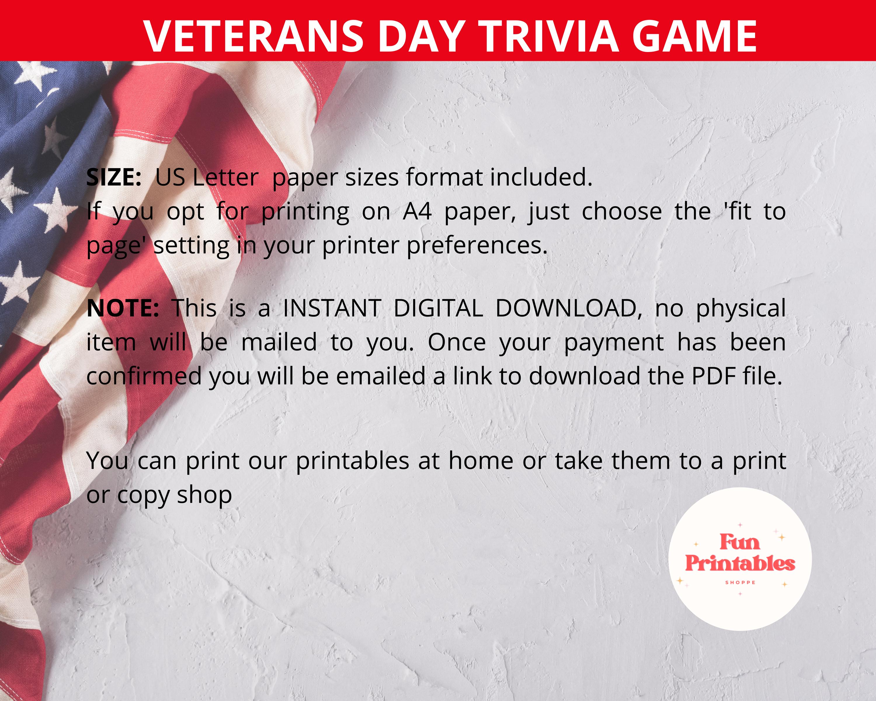 Veterans Day Trivia Game,veterans Day Quiz,patriotic Games,veterans Day ...